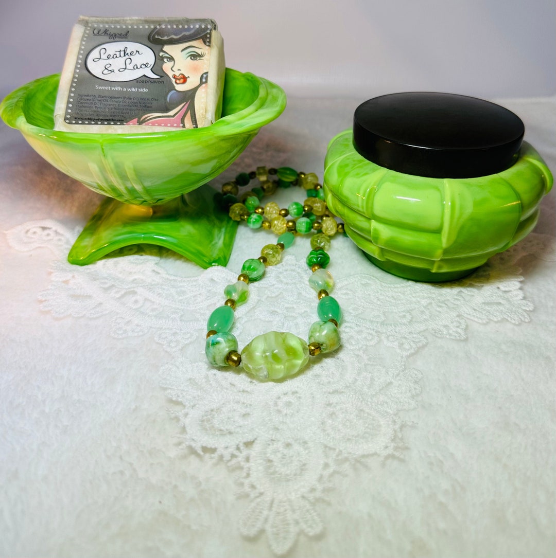 Antique Avocado Green Slag Glass Cream Container & Soap Dish - Etsy