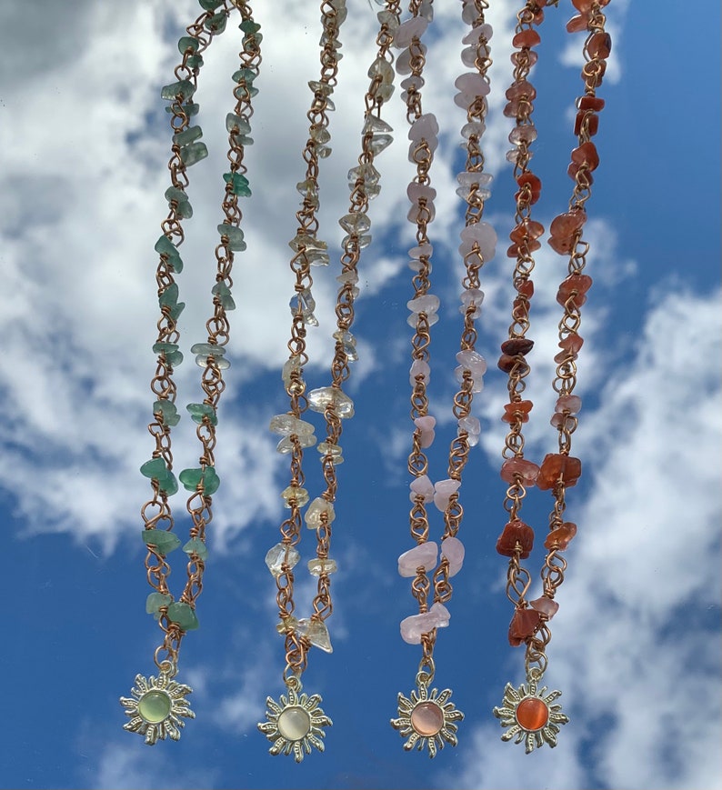 Sun Charm Crystal Necklace Sun Crystal Chip Necklace Boho - Etsy