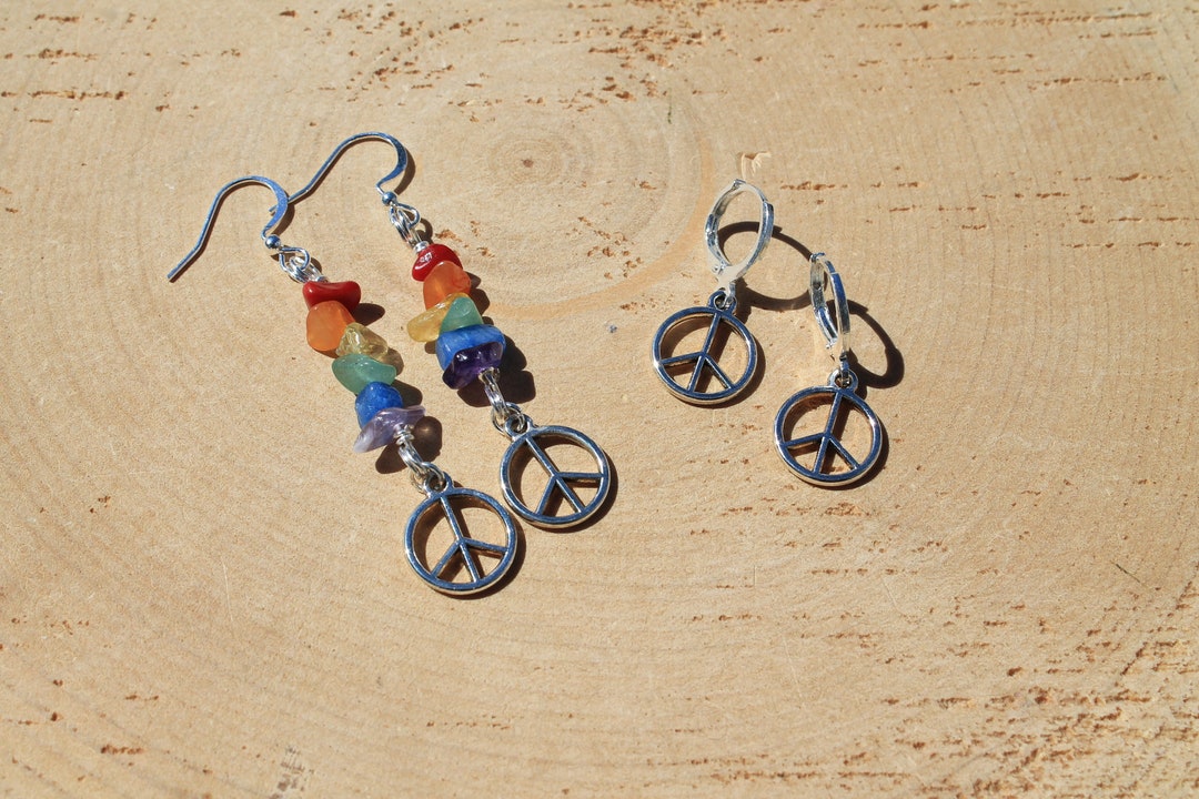 Rainbow Peace Sign Earrings, Peace Sign Huggies, Peace and Love ...