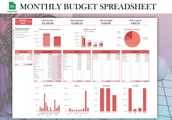Monthly Budget Spreadsheet Template Excel Google Sheets. - Etsy