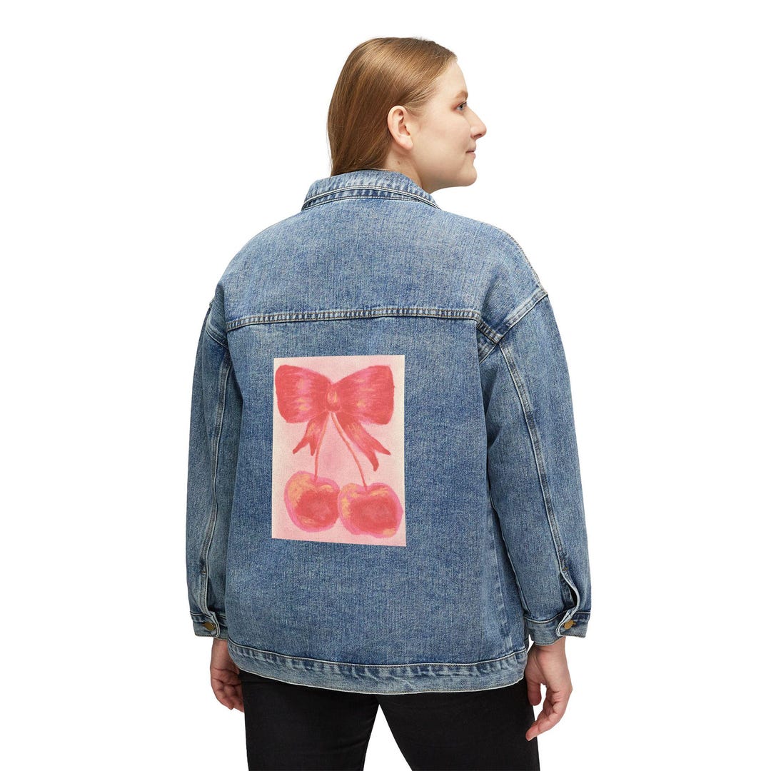 Pink Watercolor Cherries Denim Jacket | Bow Cherry Artwork - Etsy