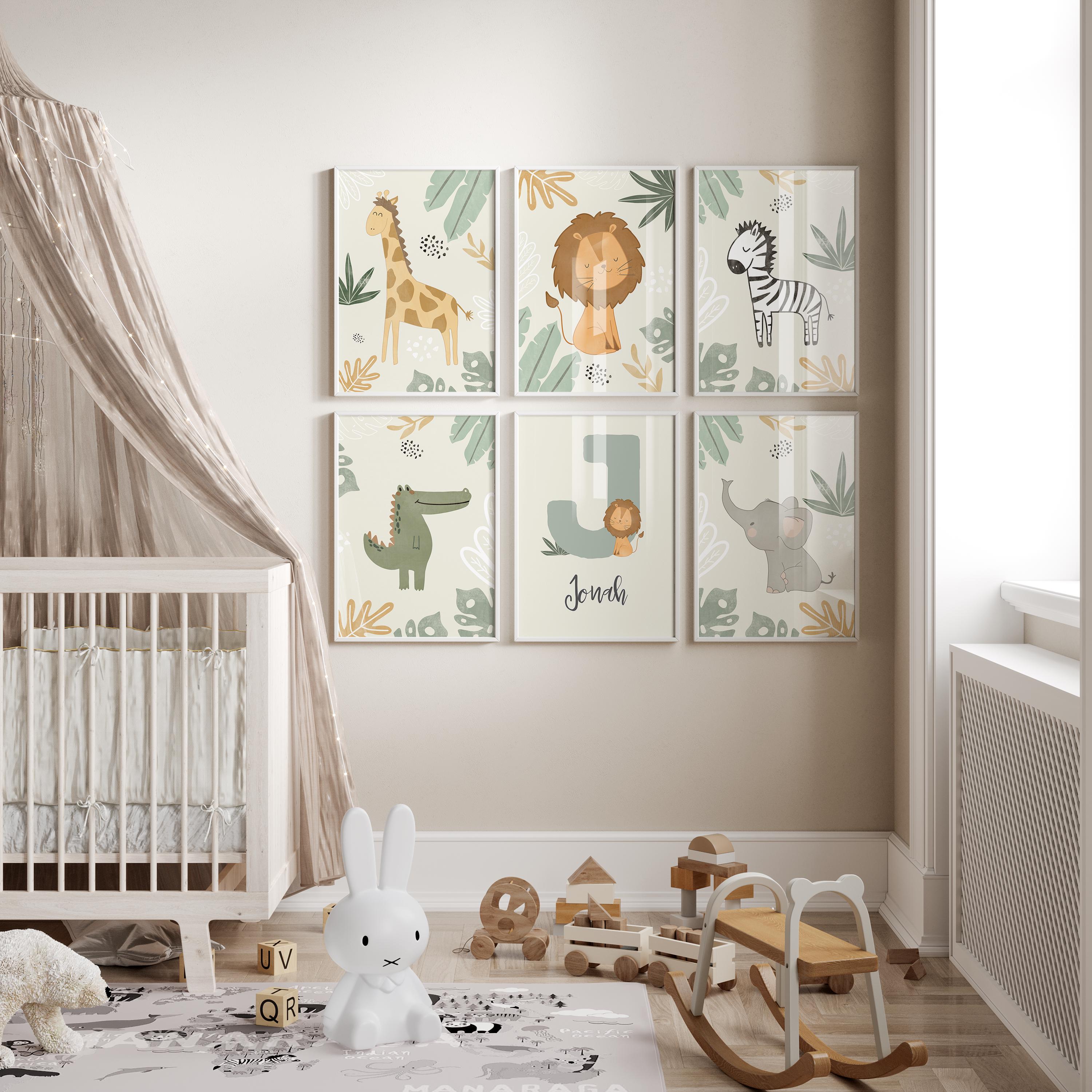 Safari Poster Beige Personalized With Name, With Lion Zebra and Giraffe ...