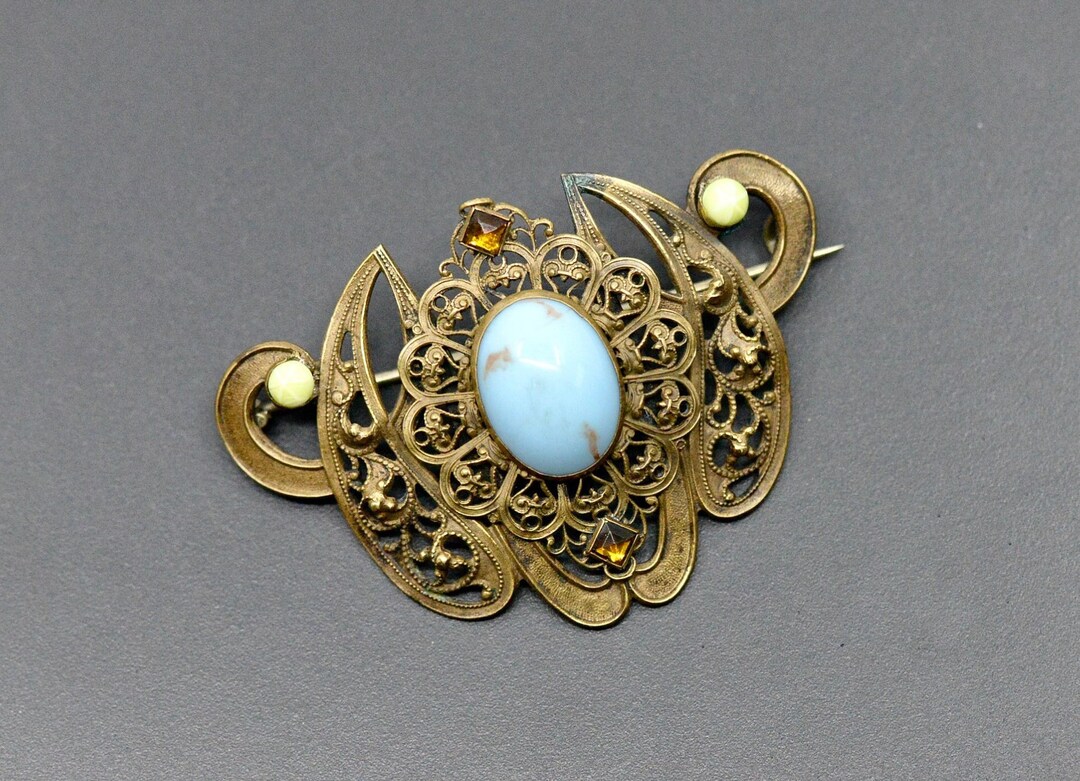 Antique Late 1800's Victorian Sash Pin, Brass Filigree and Repousse ...