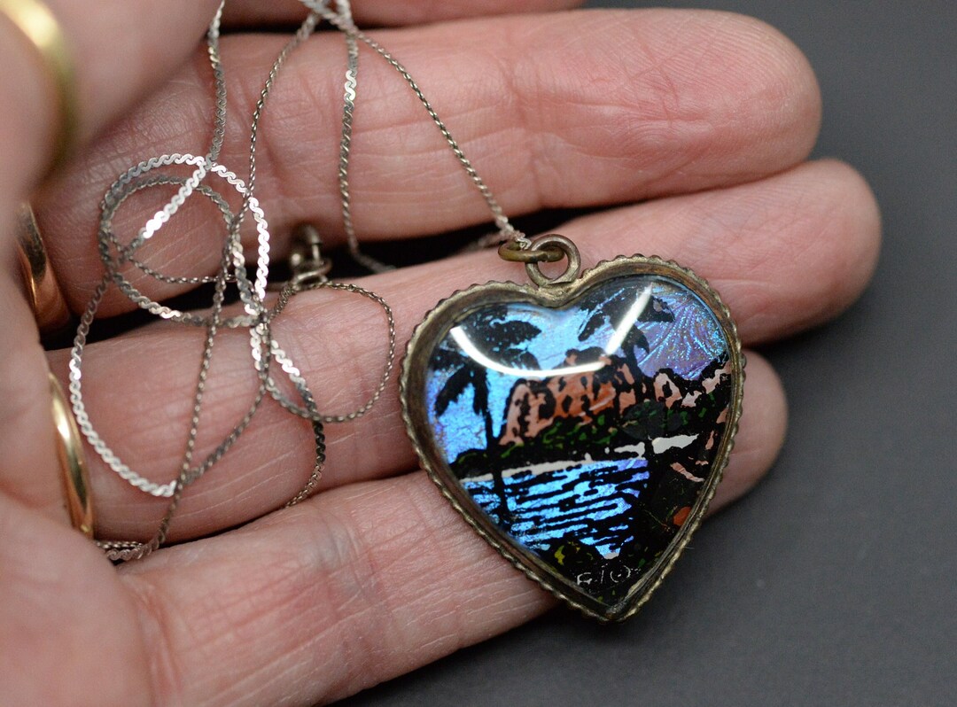 Vintage Blue Morpho Butterfly Wing Reverse Painting Heart Pendant ...