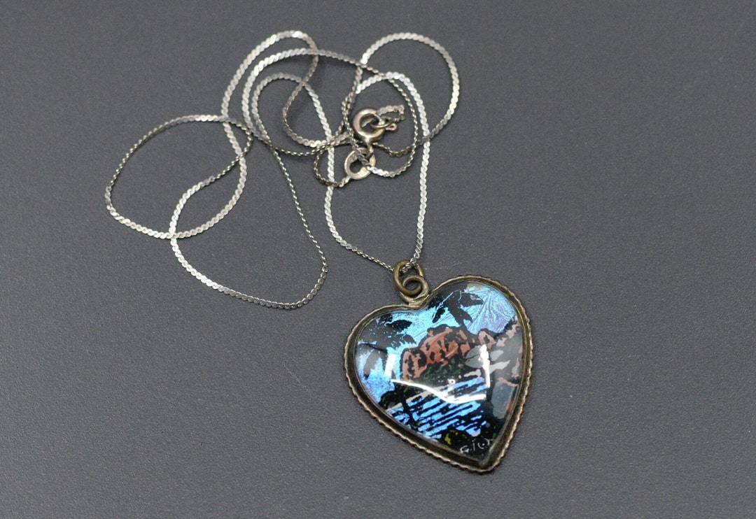 Vintage Blue Morpho Butterfly Wing Reverse Painting Heart Pendant ...
