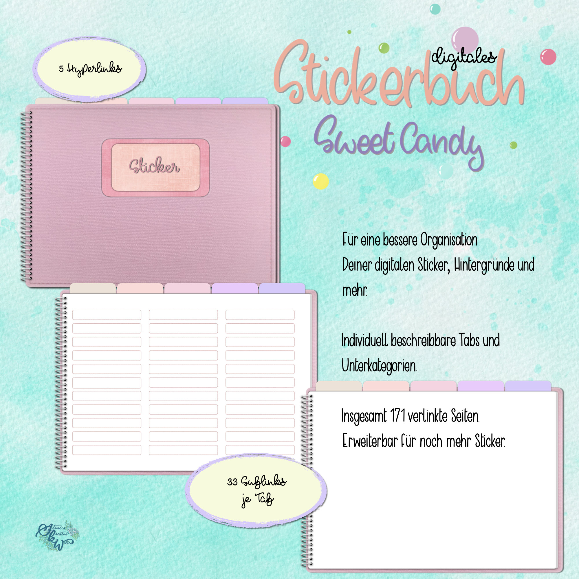 Digital Sticker Book sweet Candy Pastel 5 Linked Tabs 33 Sublinks Each ...
