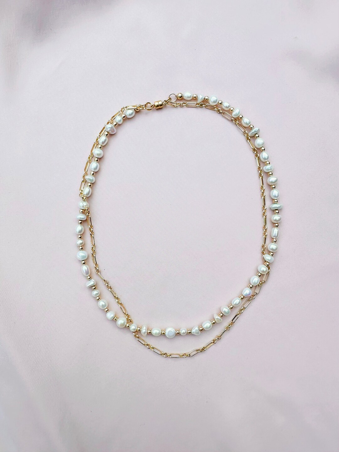 Double Strand Pearl and Gold Paperclip Chain Necklace With - Etsy Hong Kong