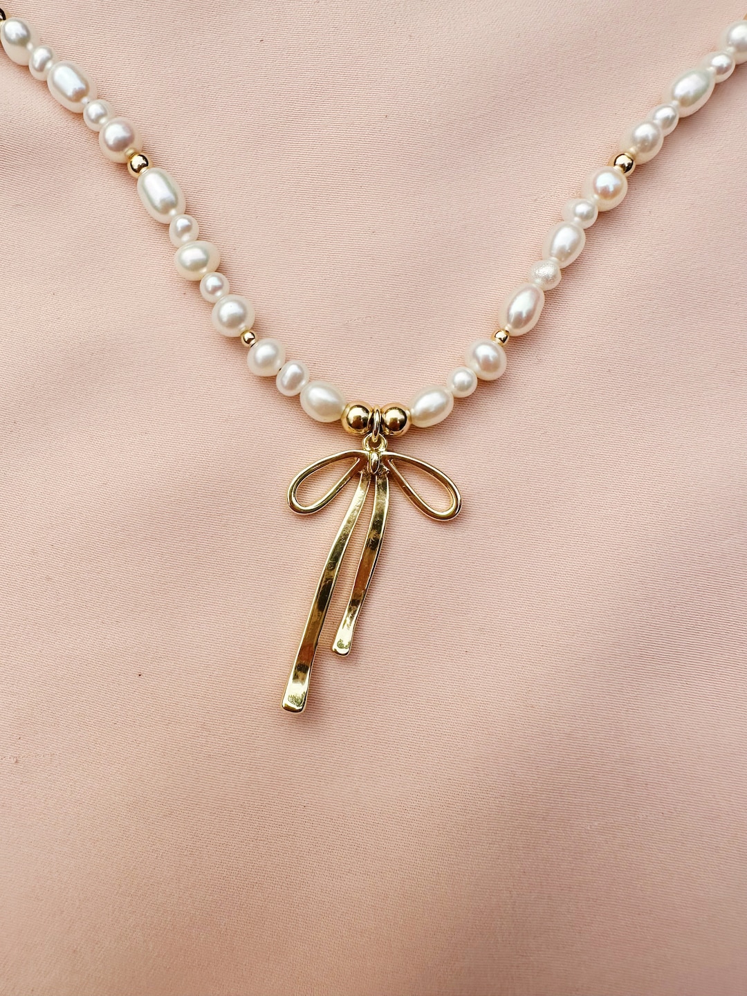 Bow Charm Pearl Necklace, Bow Pendant Necklace, Pearl Wedding Necklace, Everyday 14k Gold-filled ...