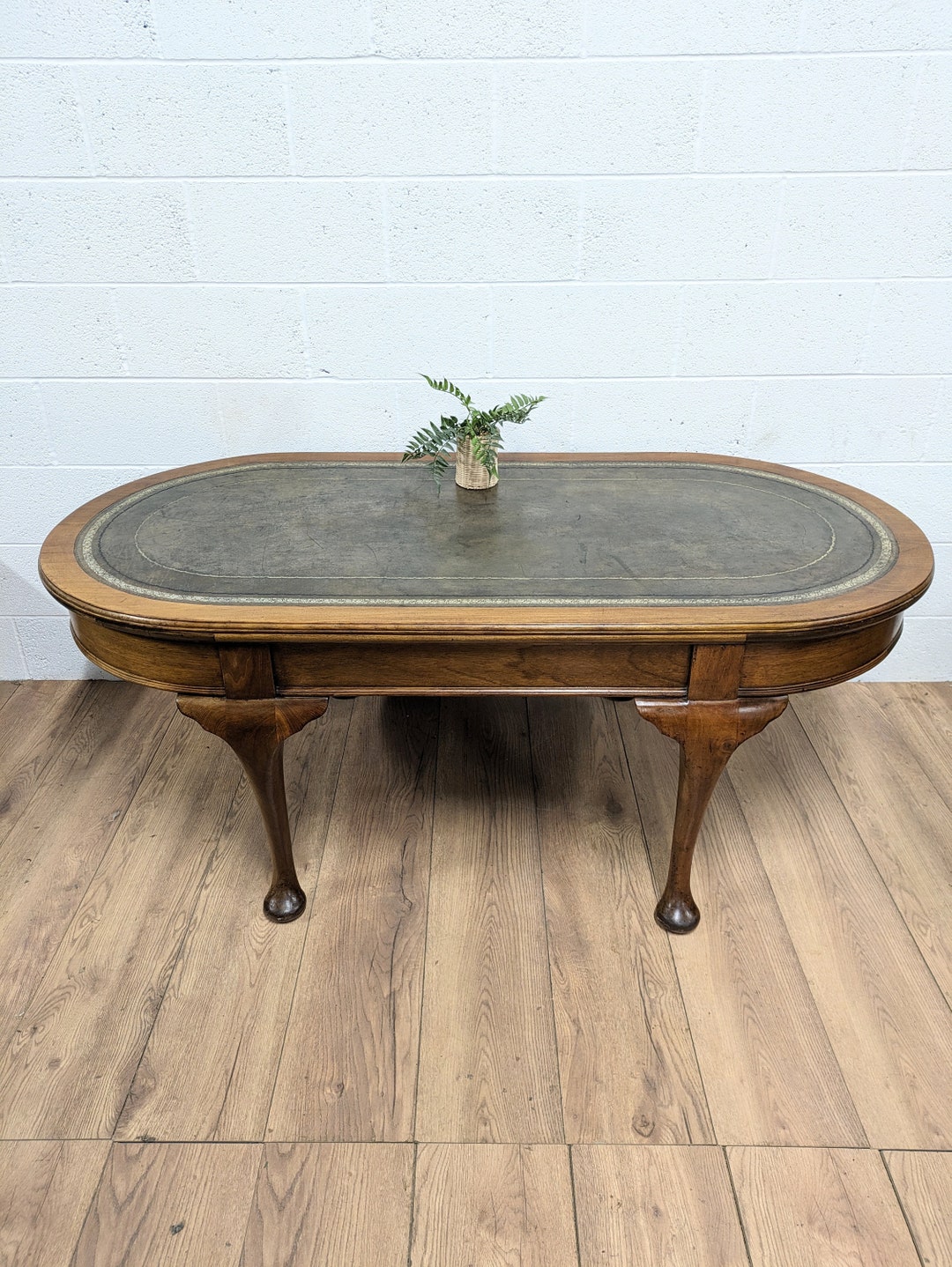 Vintage Oval Green Leather Top Table - Etsy