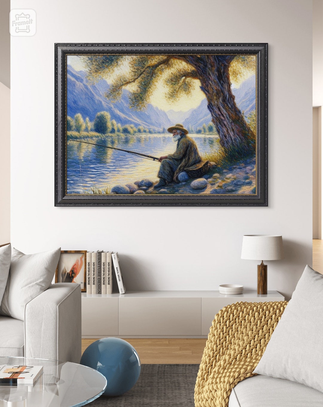 Wall Print Image of an Old Man Sitting Fishing on the Bank of a River ...