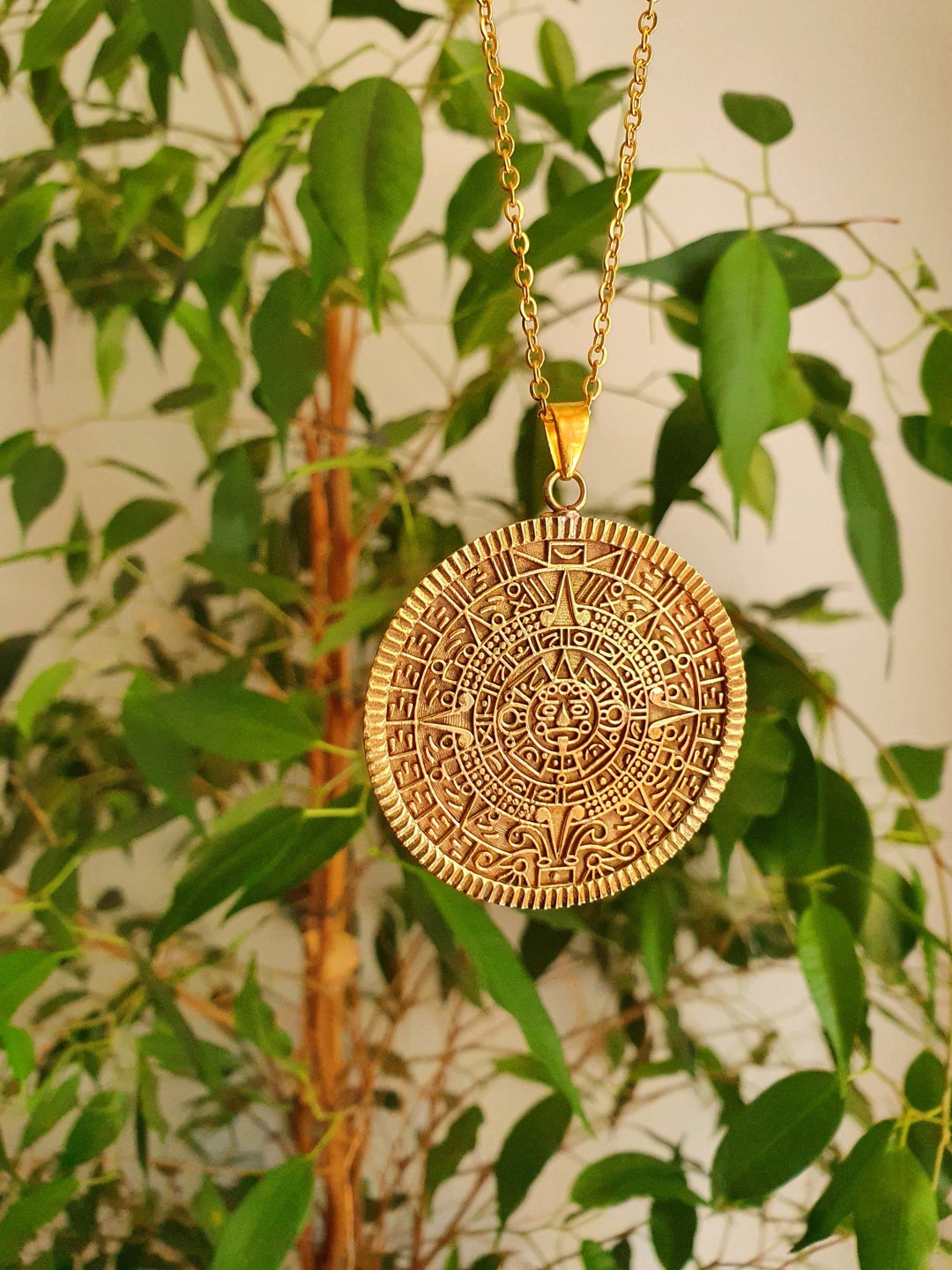 Gold Sacred Mayan Calendar Necklace / Hypoallergenic / Brass / Boho ...