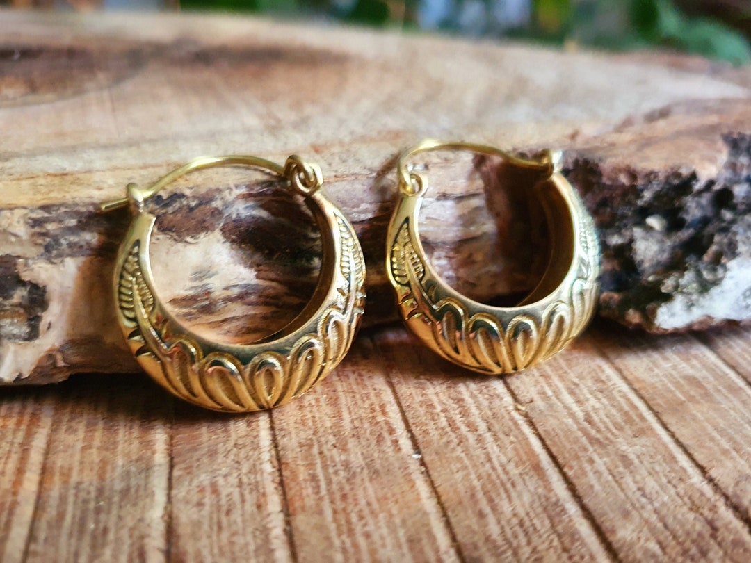 Vintage Chunky Brass Hoops; Ethnic Boho Chic Rustic Psy Gypsy Spiral ...