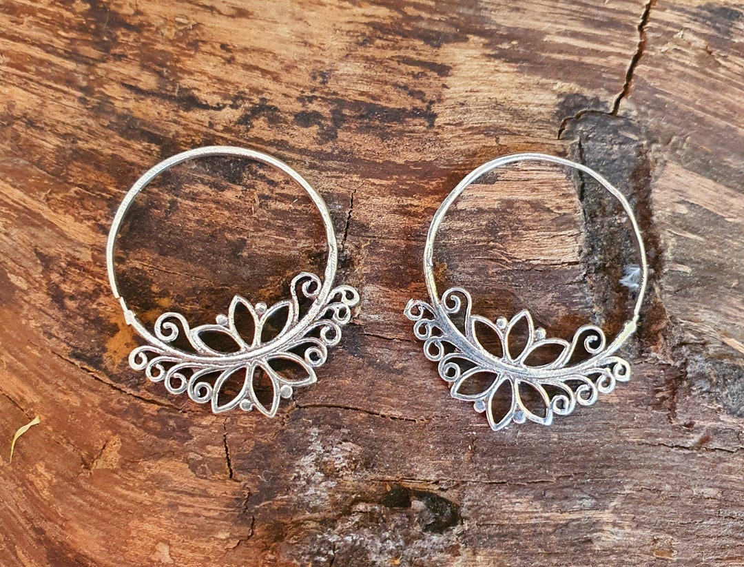 Boho Flower Silver Hoop Earrings; Ethnic, Geometric, Small, Rustic ...