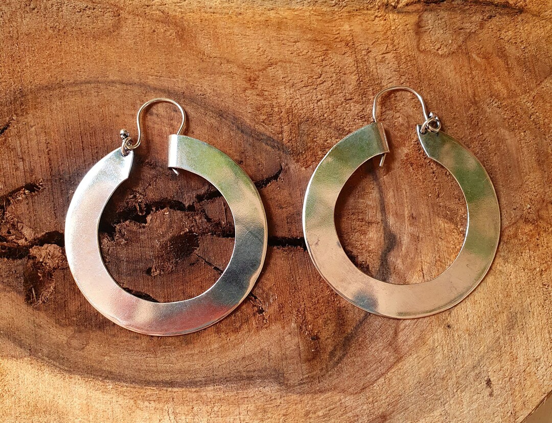 Wide Flat Silver Hoops / Funky Silver Hoop Earrings / Ethnic Boho ...