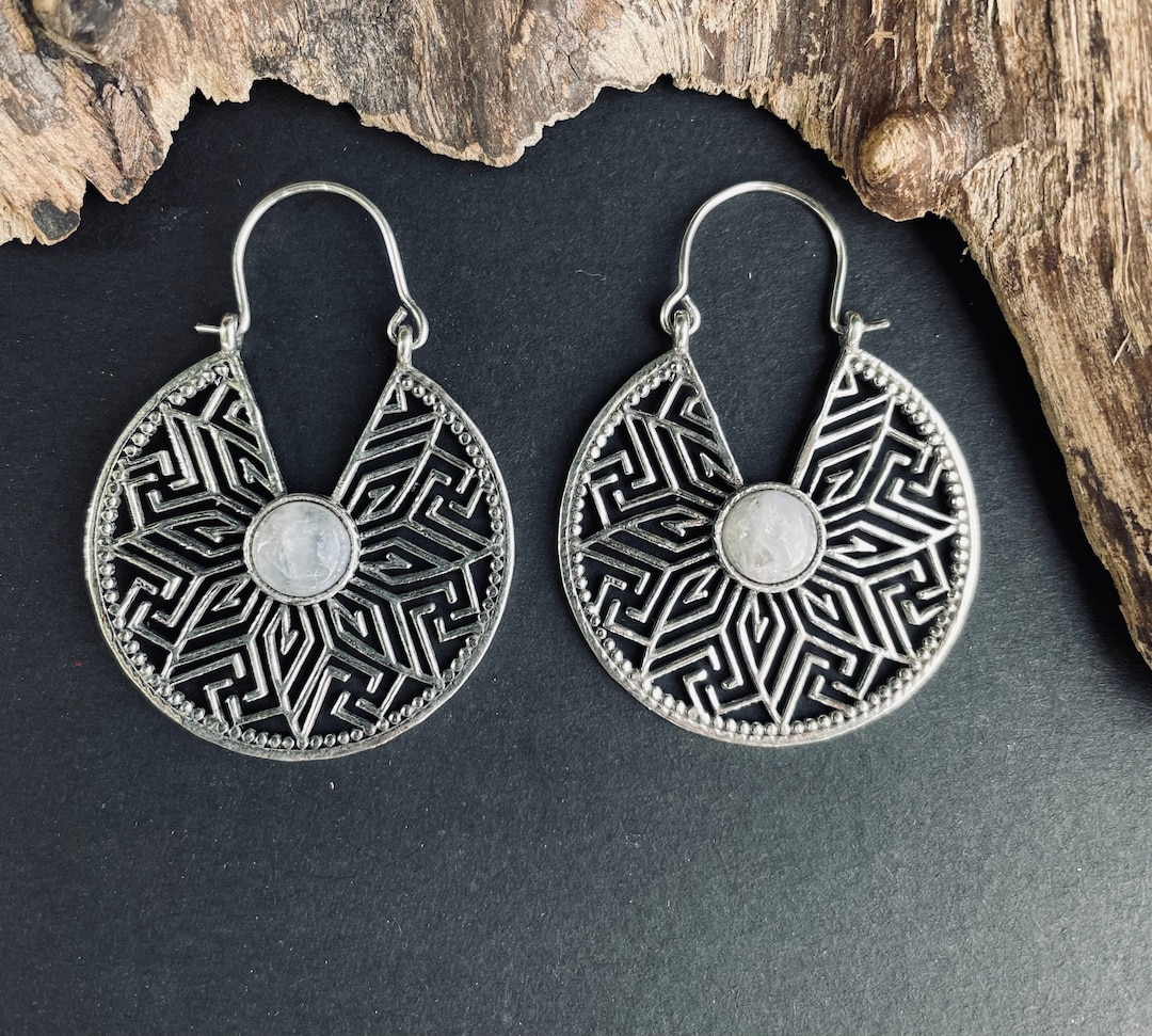 Pendientes Aro Piedra Luna Plata Azteca, Étnico Boho Yoga Boho Rústico ...