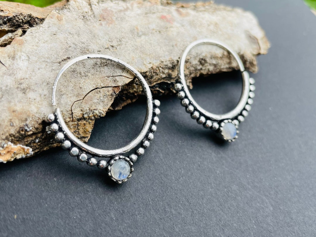 Mini Boho Hoops Moonstone Silver Earrings; Triangle, Mandala, Ethnic ...