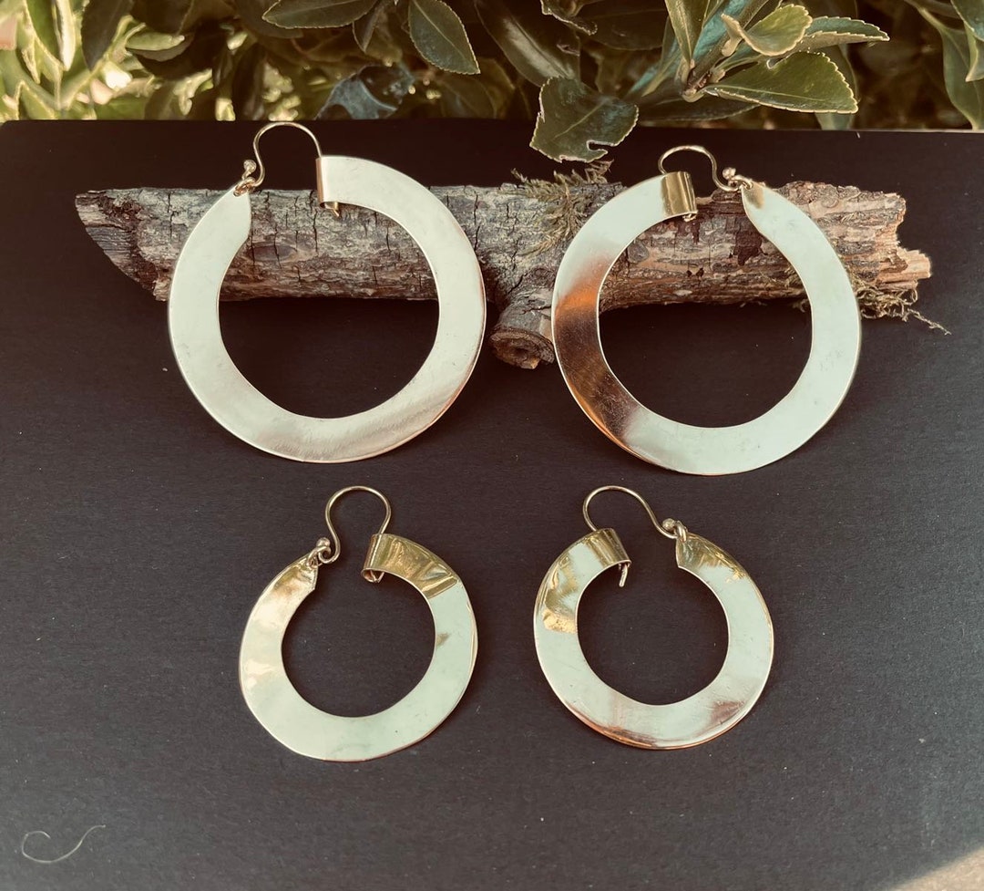 Wide Flat Gold Hoops / Funky Gold Hoop Earrings / Ethnic Boho Classic ...