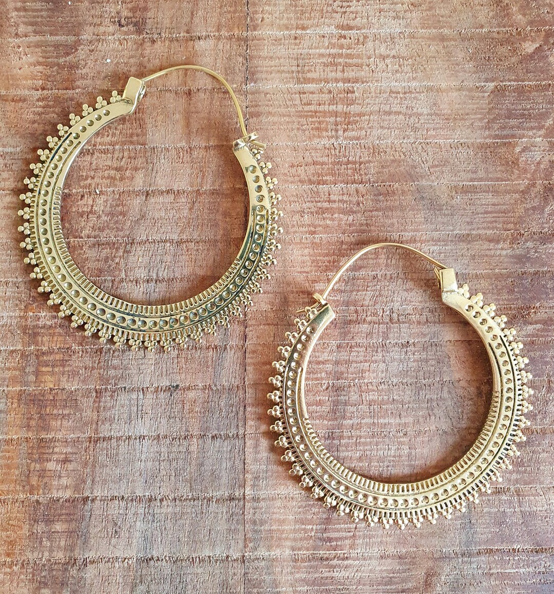 Large Boho Gold Hoops Tunnels; Boho Ethnic Rustic Indian Festival Psy ...