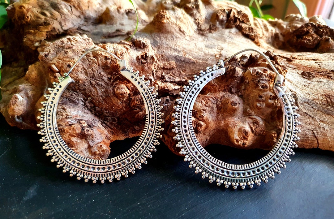 Large Silver Hoop Earrings; Boho Ear Weights Ethnic Rustic Indian ...