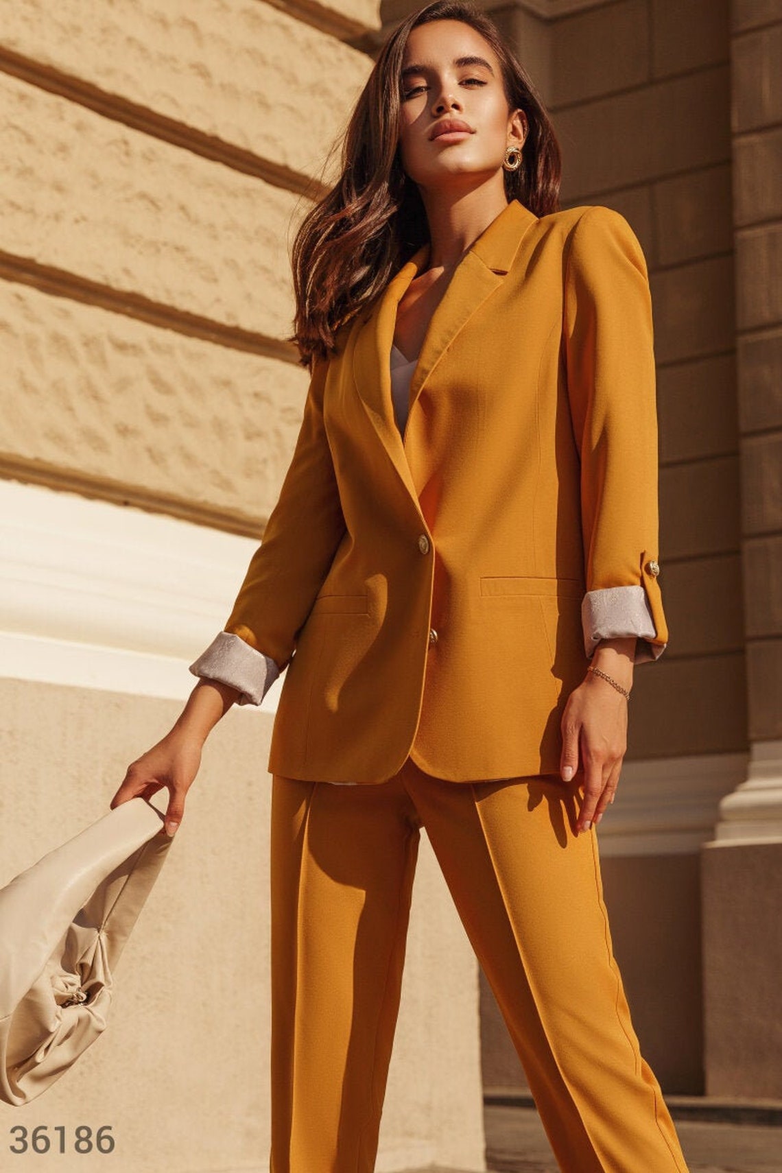 2 Piece Blazer Trouser Suit For Women Mustard Yellow Pantsuit Women