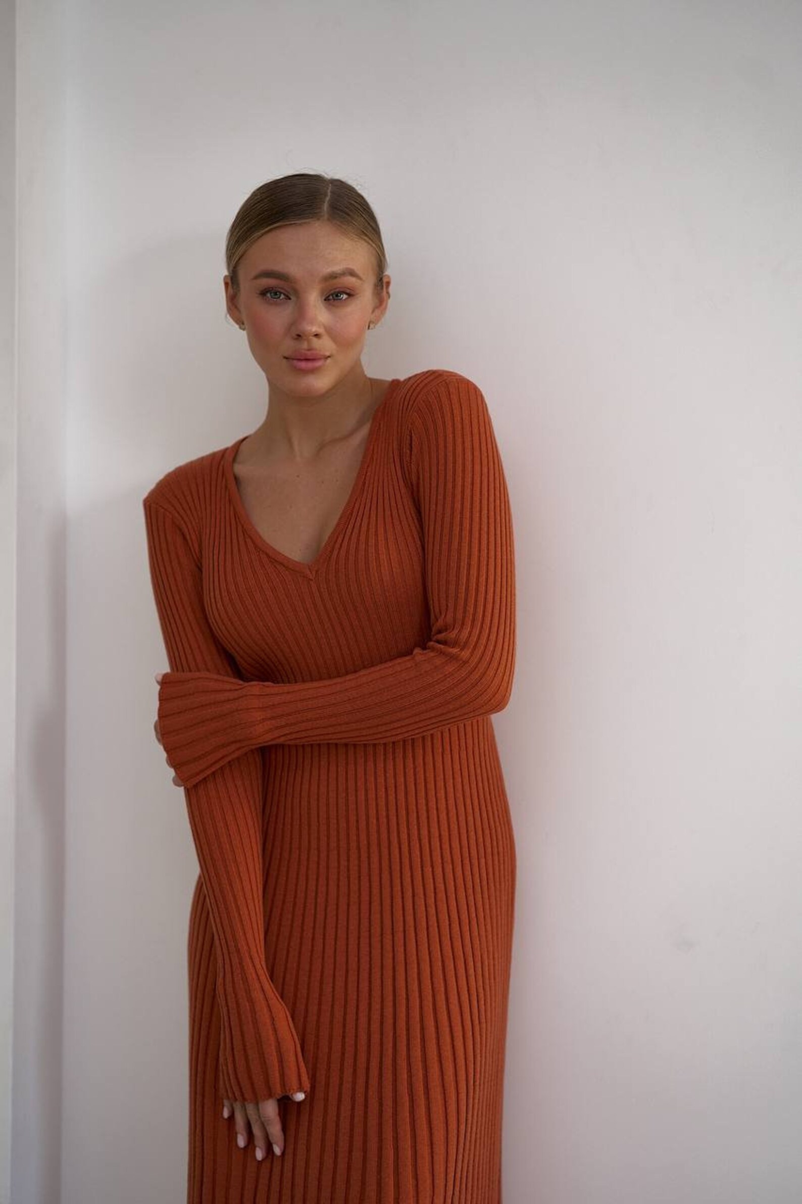 Burnt Orange Knit Midi Dress for Women, Knitted Elegant Dress for Women ...