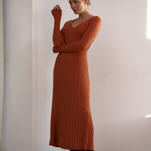 Burnt Orange Knit Midi Dress for Women, Knitted Elegant Dress for Women ...