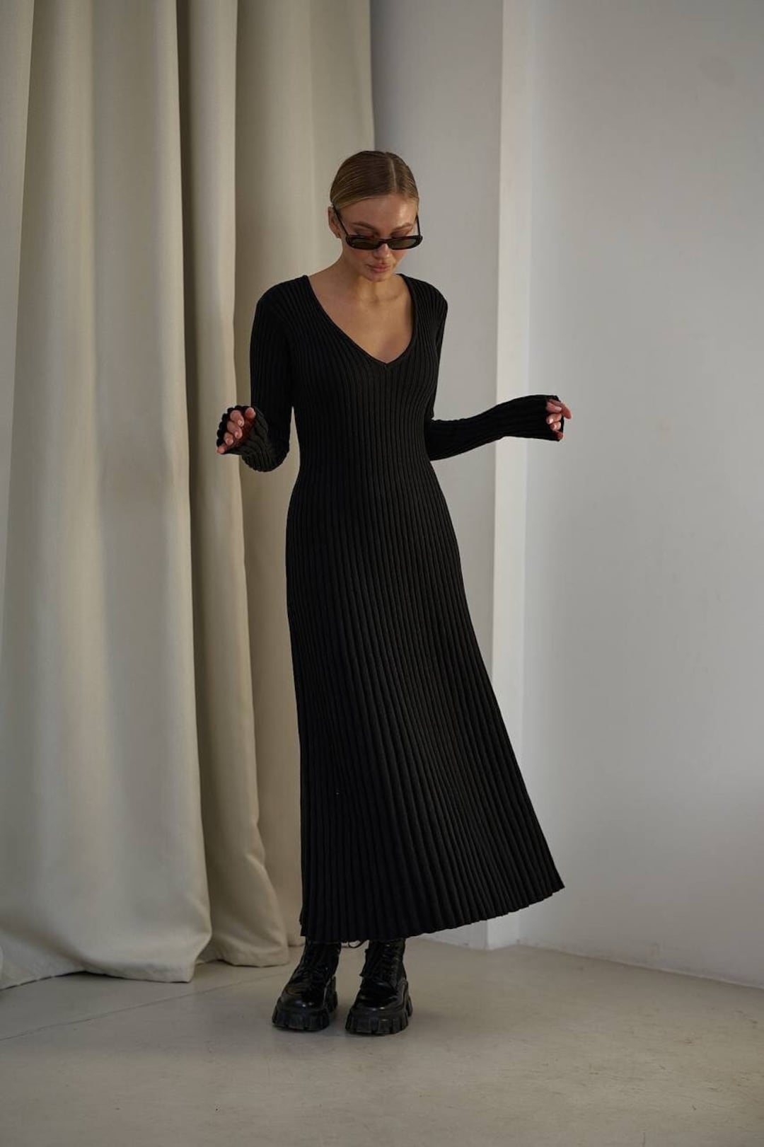 Black Knit Midi Dress for Women, Knitted Elegant Dress for Women, Knit ...