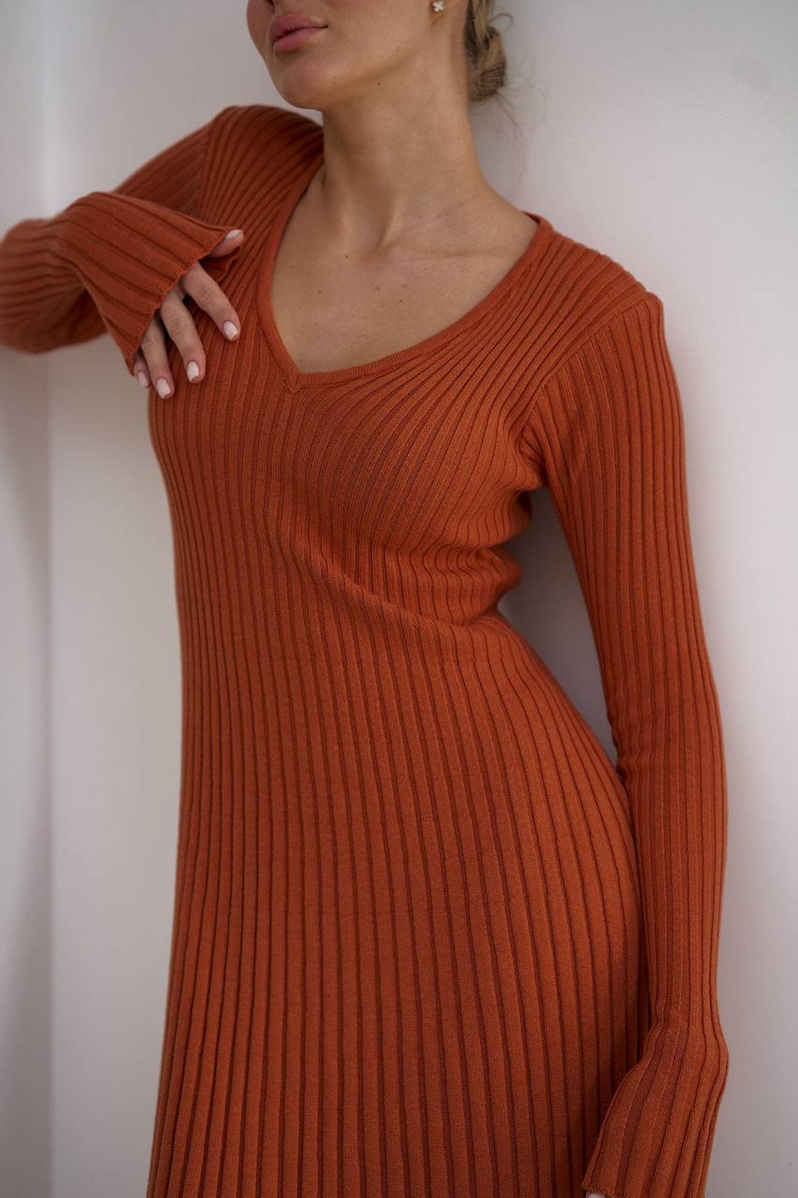 Burnt Orange Knit Midi Dress for Women, Knitted Elegant Dress for Women ...