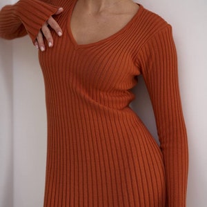 Burnt Orange Knit Midi Dress for Women, Knitted Elegant Dress for Women ...