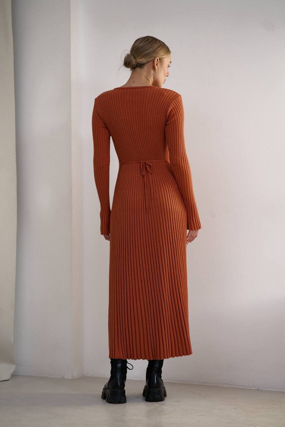 Burnt Orange Knit Midi Dress for Women, Knitted Elegant Dress for Women ...