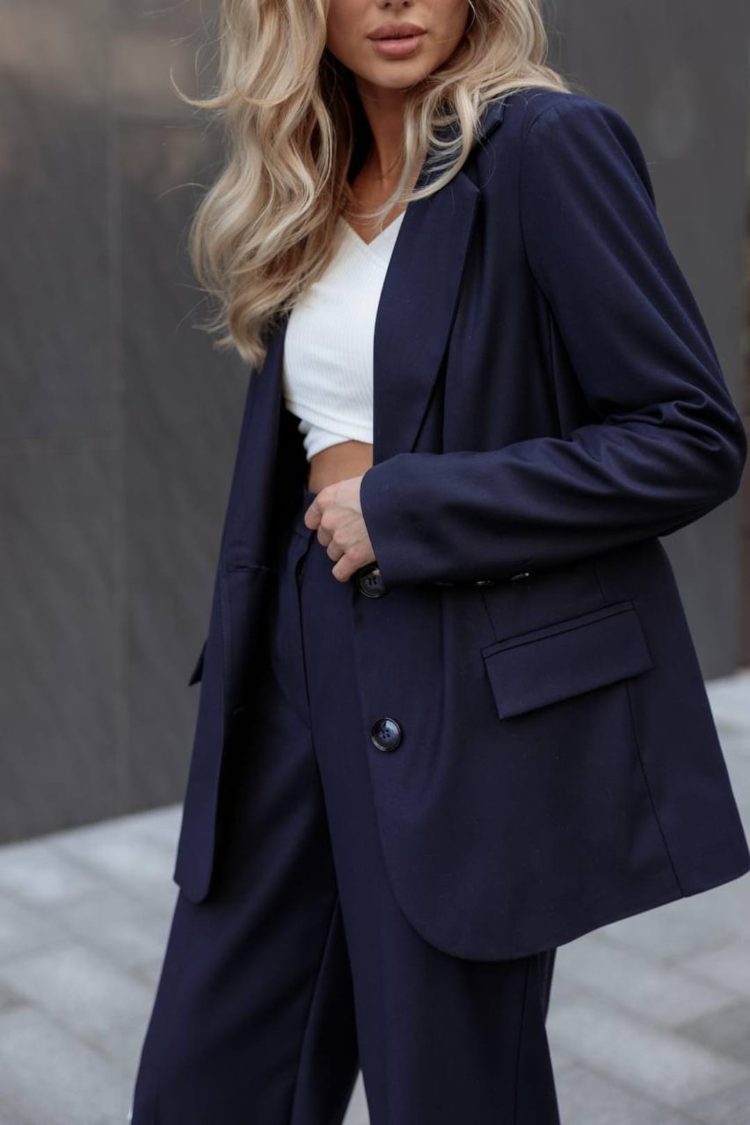 Navy Blue Formal Pantsuit Womens Oversized Style, Smart Casual Blazer ...