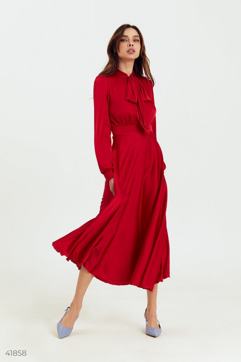 Red Silk Midi Dress With Long Sleeves Red Modest Silk Midi Dress Birthday Women Silk Dress