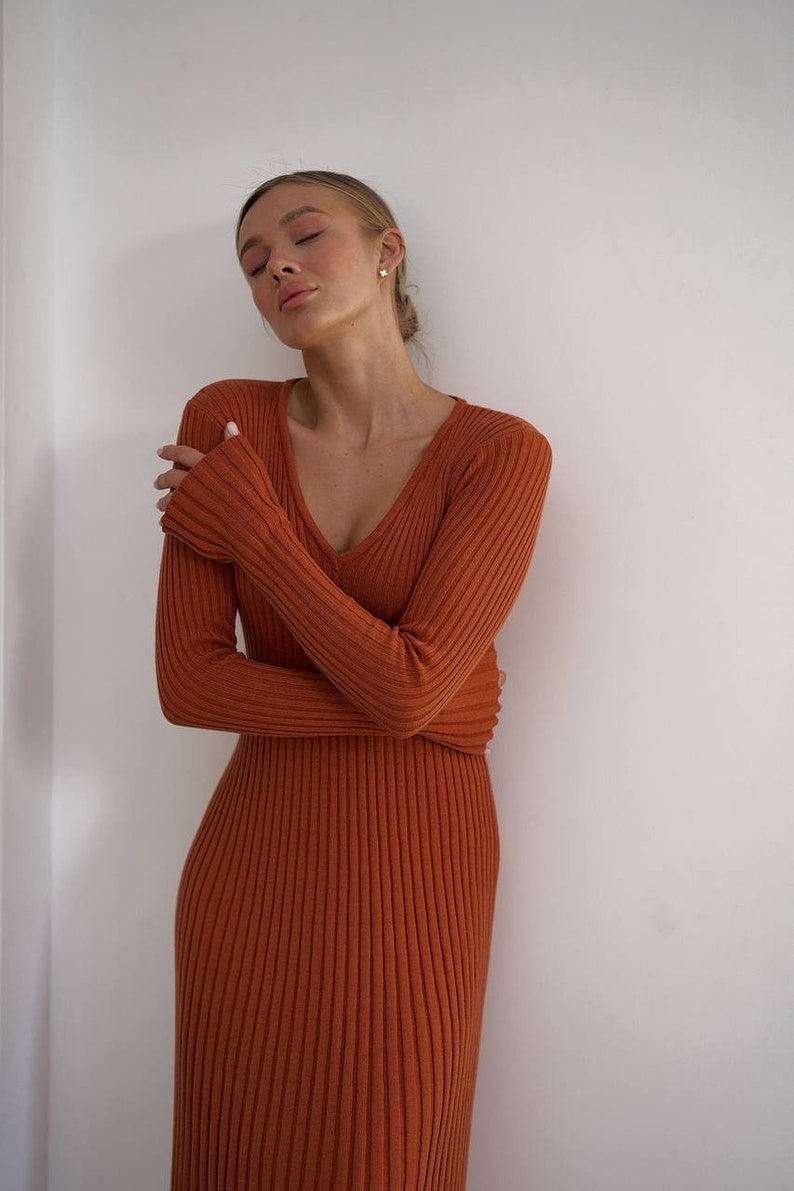Burnt Orange Knit Midi Dress for Women, Knitted Elegant Dress for Women ...