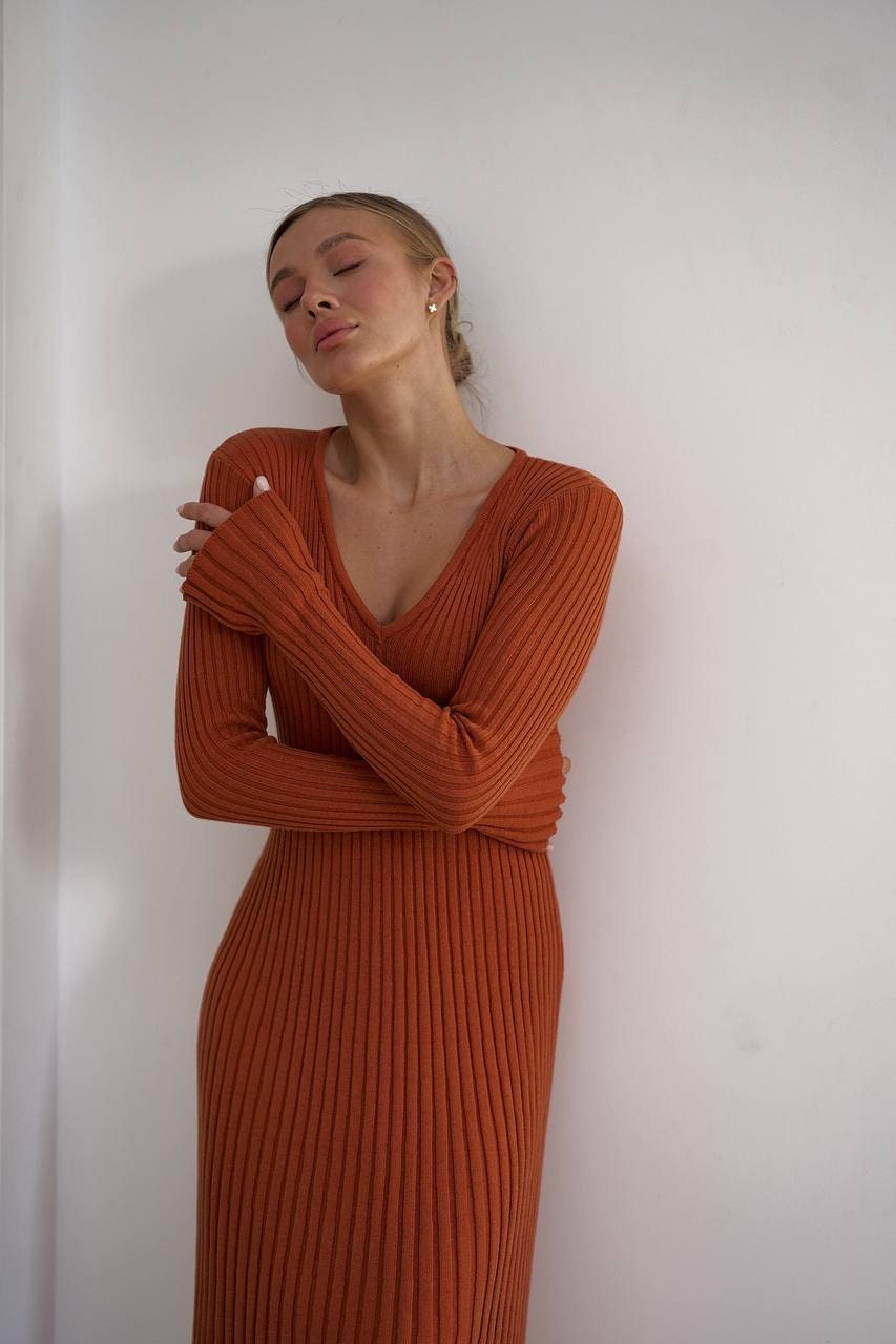 Burnt Orange Knit Midi Dress for Women, Knitted Elegant Dress for Women ...