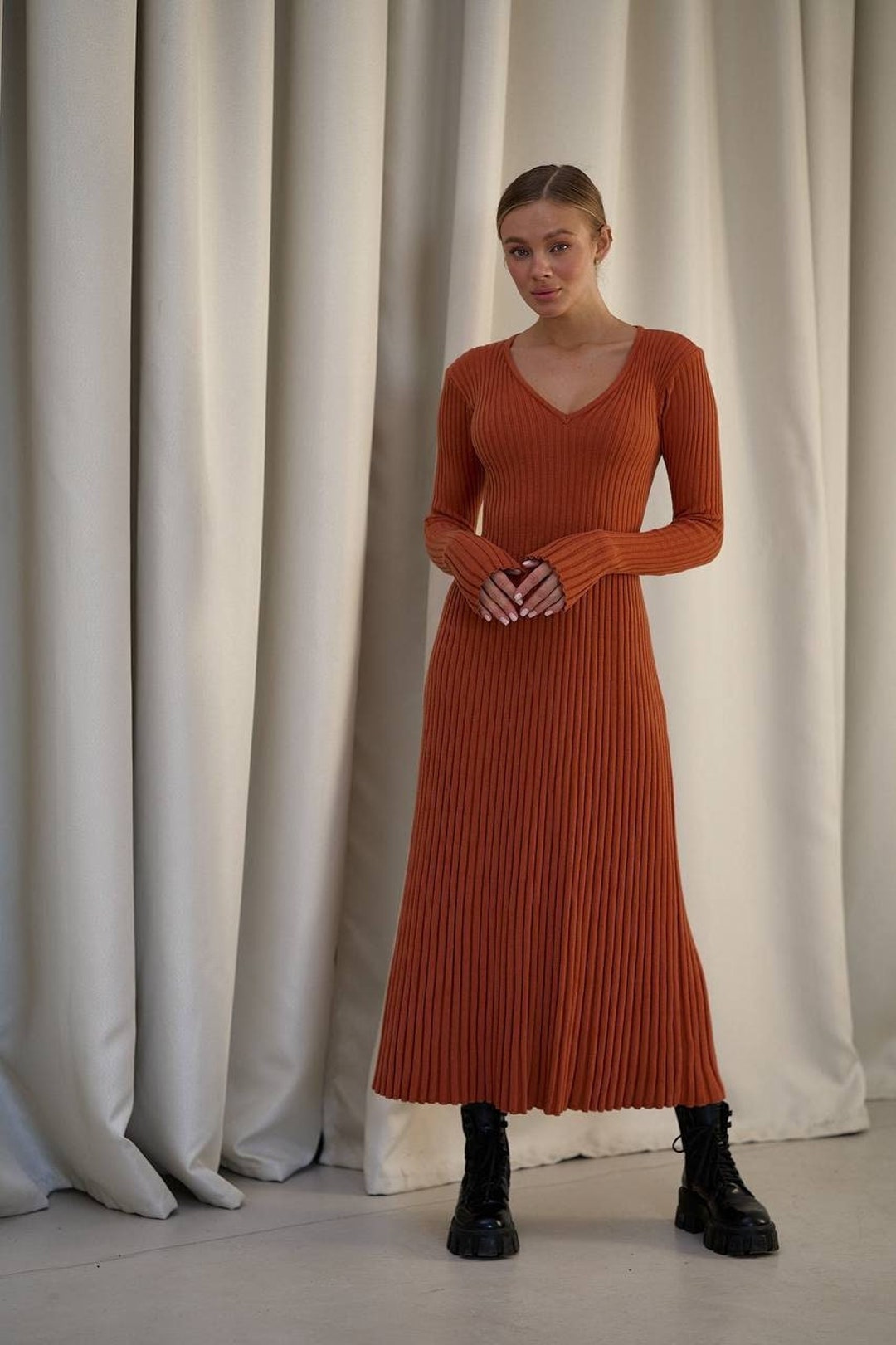 Burnt Orange Knit Midi Dress for Women, Knitted Elegant Dress for Women ...