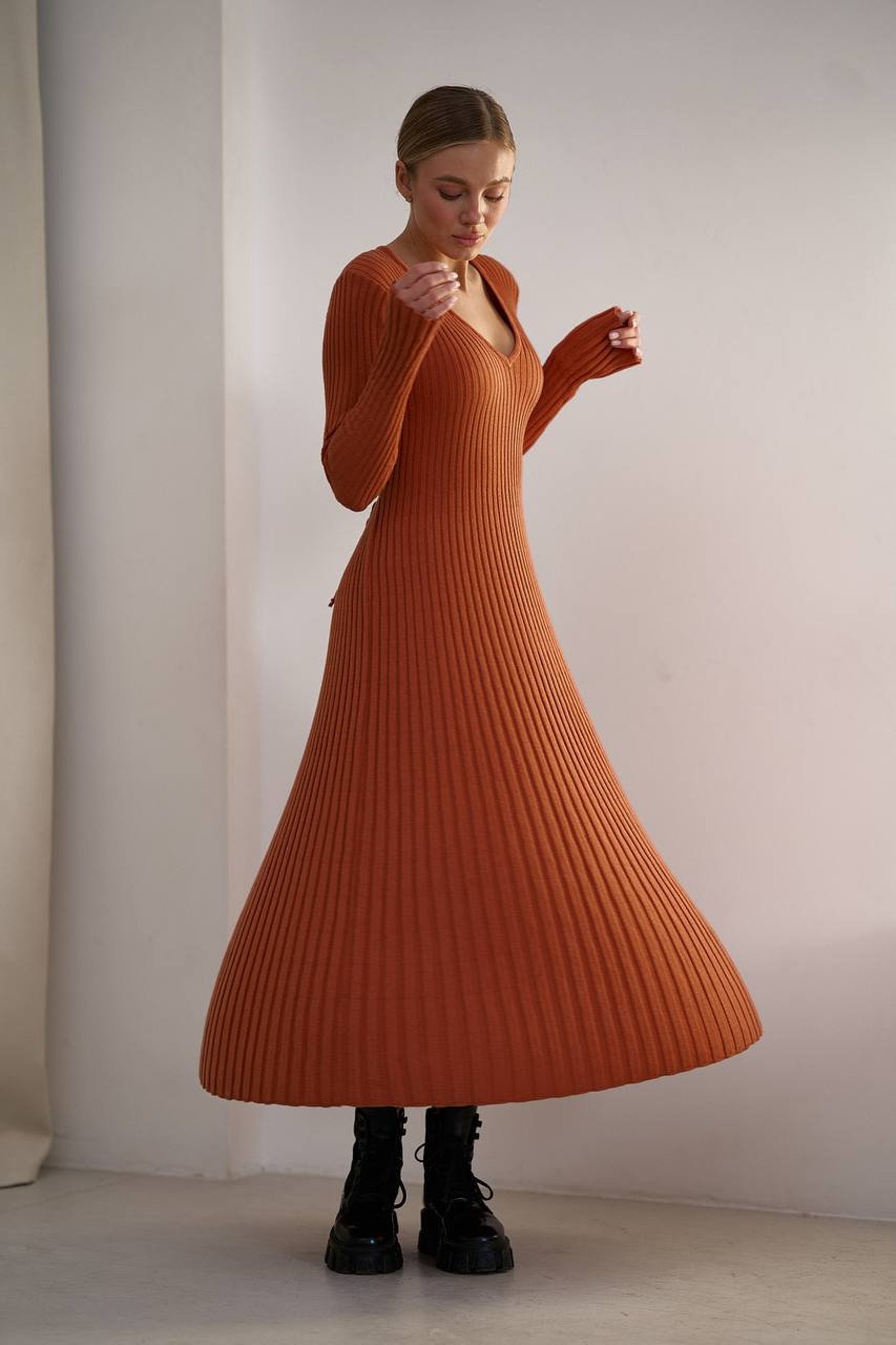 Burnt Orange Knit Midi Dress for Women, Knitted Elegant Dress for Women ...