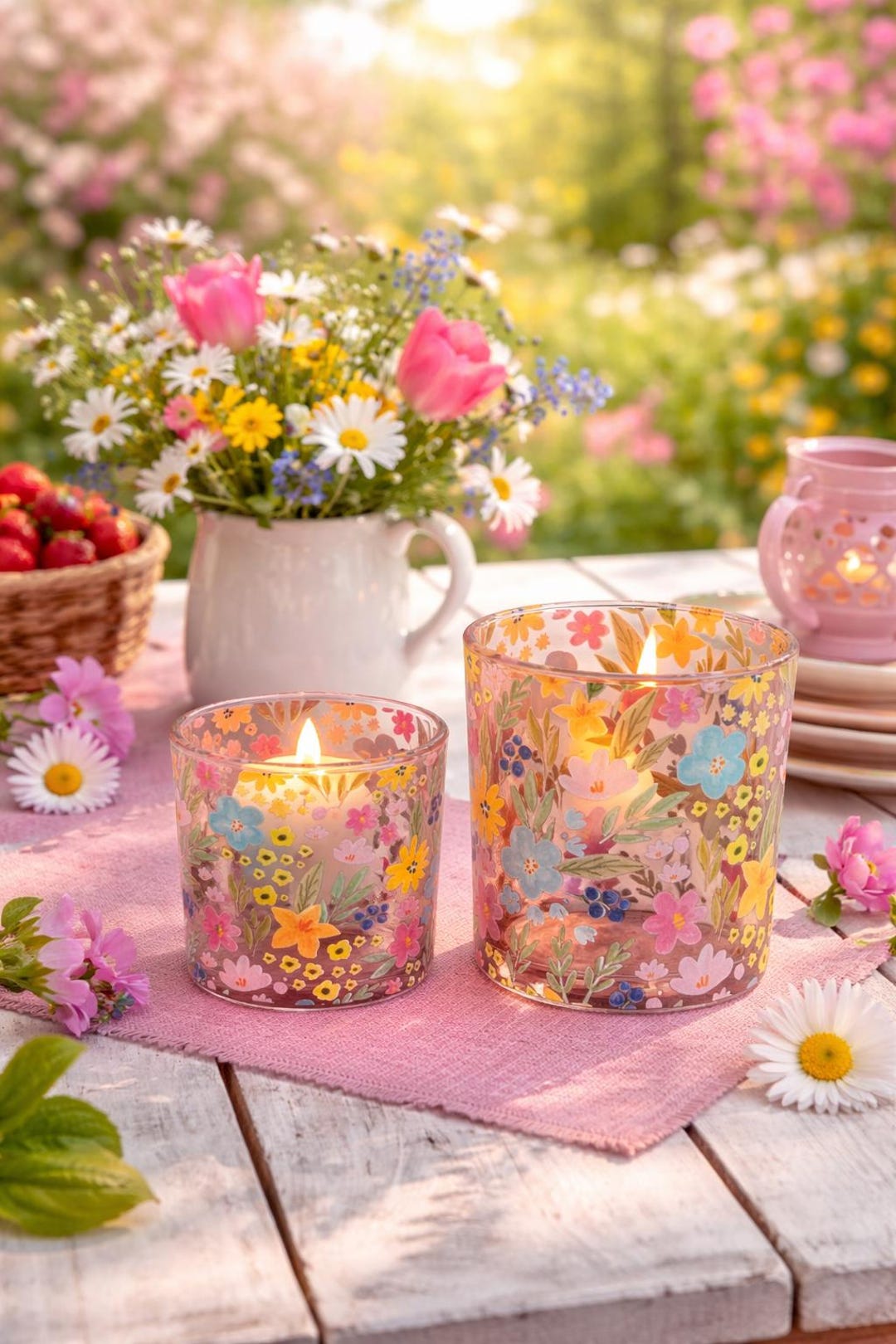 Teelichtglas mit bunten Blumen, Windlicht Glas für Tischdekoration im ...