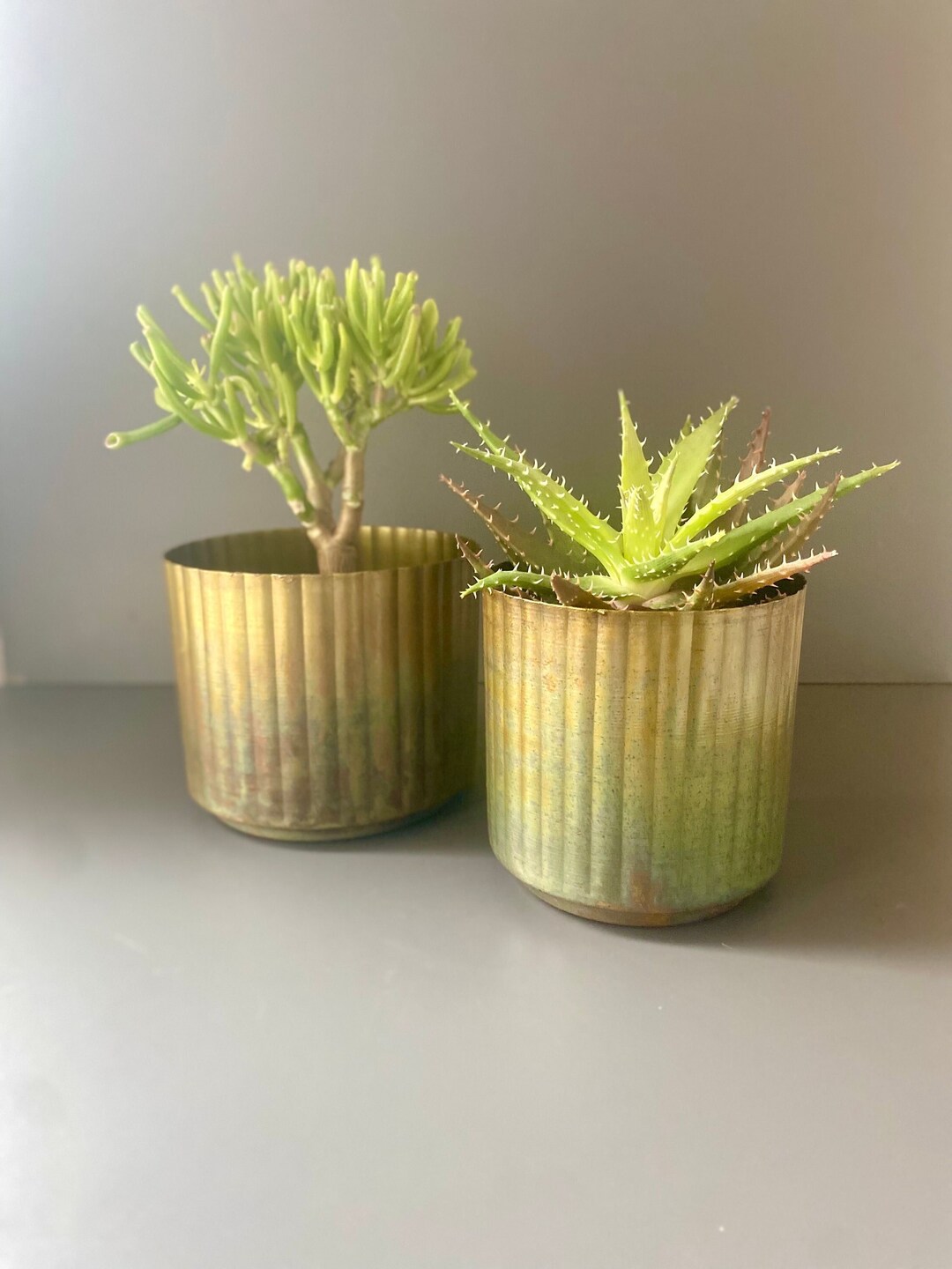 Flower Pot Set Green Metal Grooved Plant Pot Metal Pots - Etsy