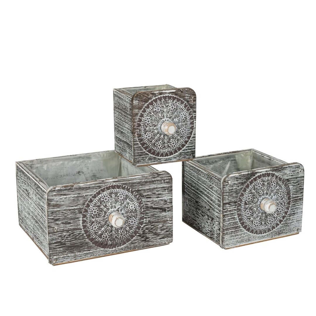 Wooden Planter Set With Ornament Vintage Flowerpot Set Square Flower ...