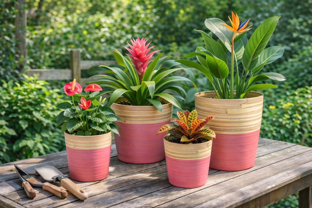 Pink Bamboo Pot With Natural Rim, Bamboo Flower Pot, Modern Planter ...