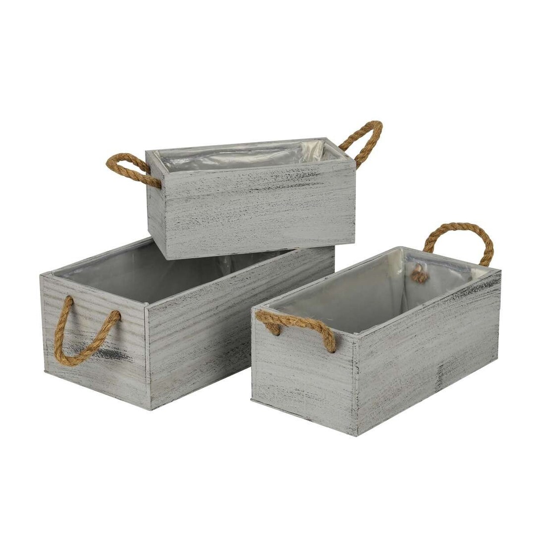 Planter Box Wooden Boxes Flower Pot Set Gray Wiped Vintage Windowsill ...