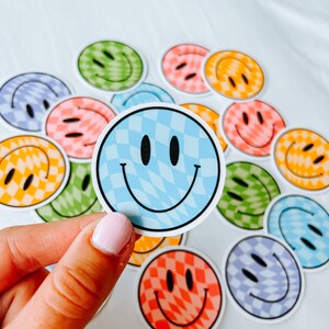 Wavy Checkered Smiley Face Waterproof Sticker: Laptop, Water Bottle (2 ...