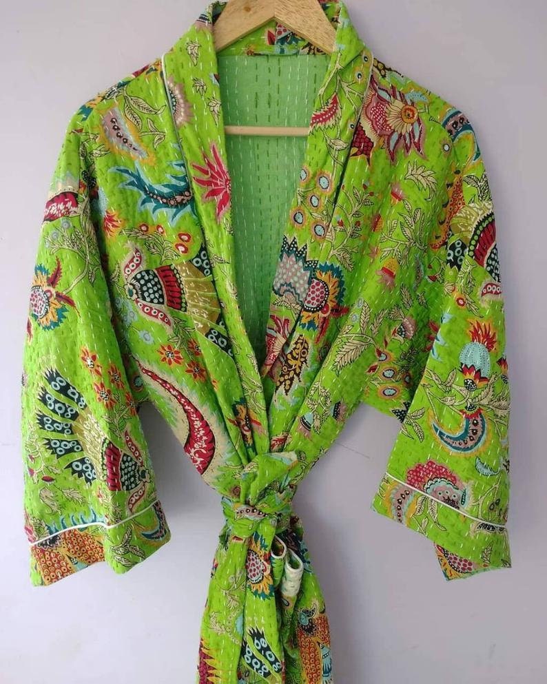 Green Kantha Floral Print Kimono Robe, Kantha Kimono, Stitched Kantha ...