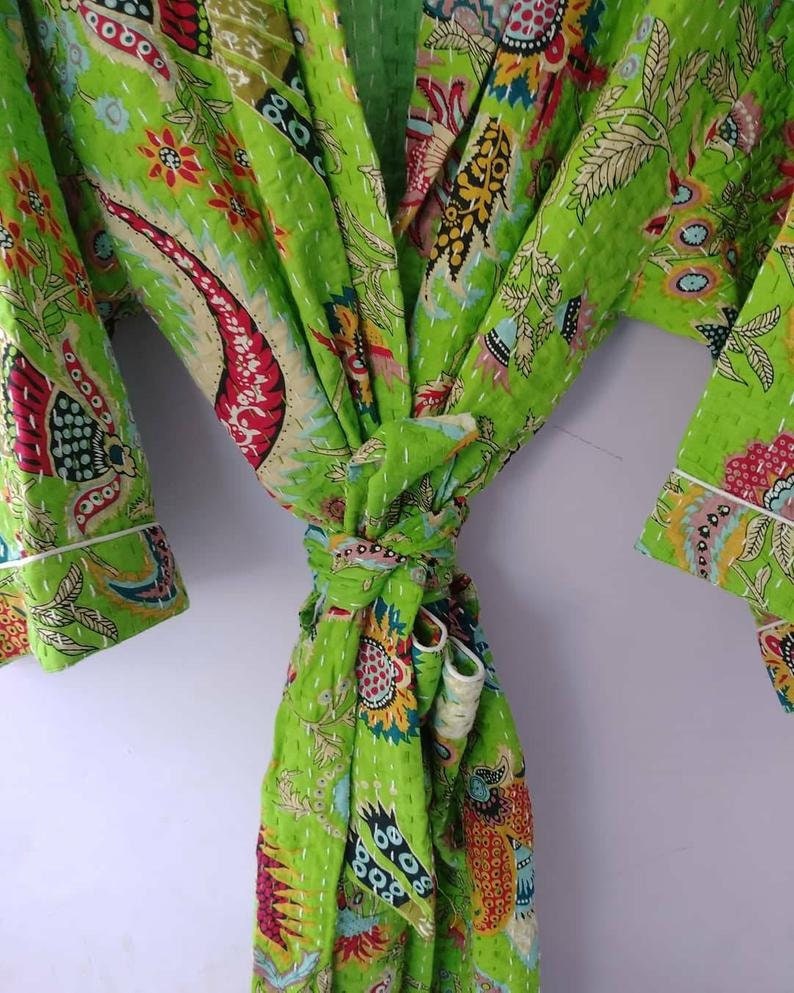 Green Kantha Floral Print Kimono Robe, Kantha Kimono, Stitched Kantha ...