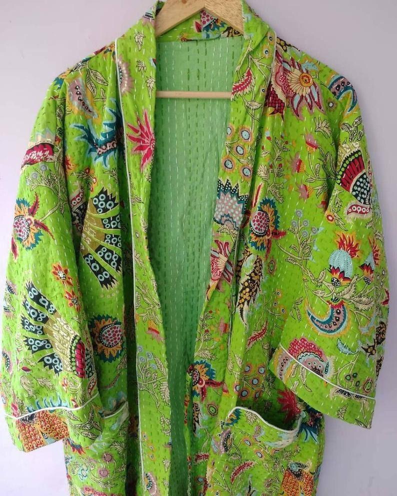 Green Kantha Floral Print Kimono Robe, Kantha Kimono, Stitched Kantha ...
