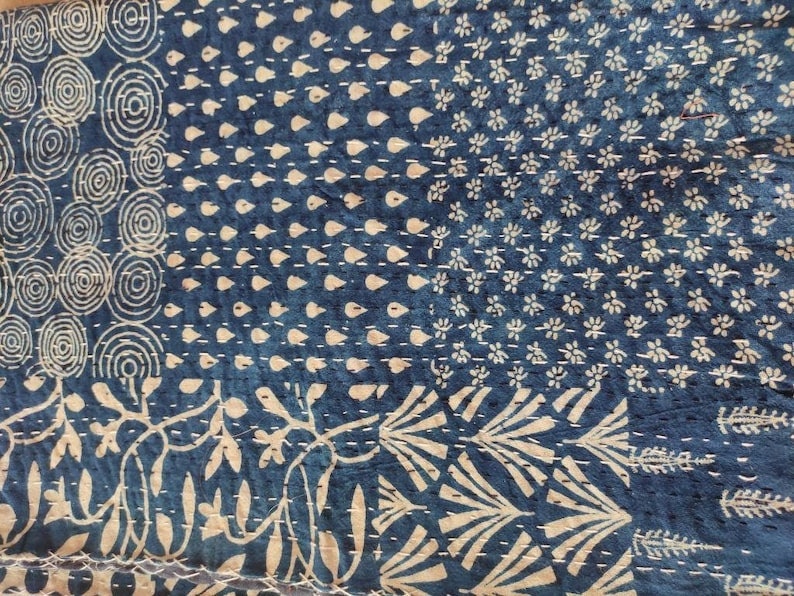 Kantha Indigo Blue Quilt Indian Kantha Bedspread Bedding Bedcover Throw ...