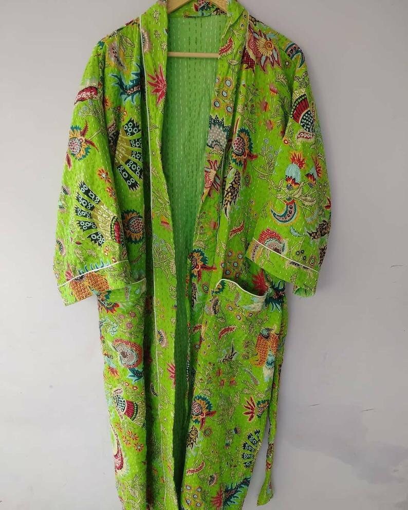 Green Kantha Floral Print Kimono Robe, Kantha Kimono, Stitched Kantha ...