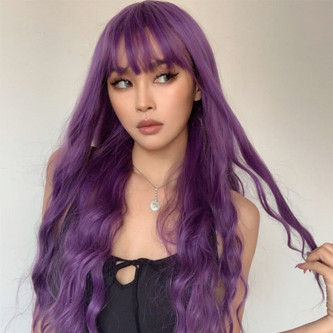 Long Purple Synthetic Body Wavy Wig With Bangs for Black Women - Etsy