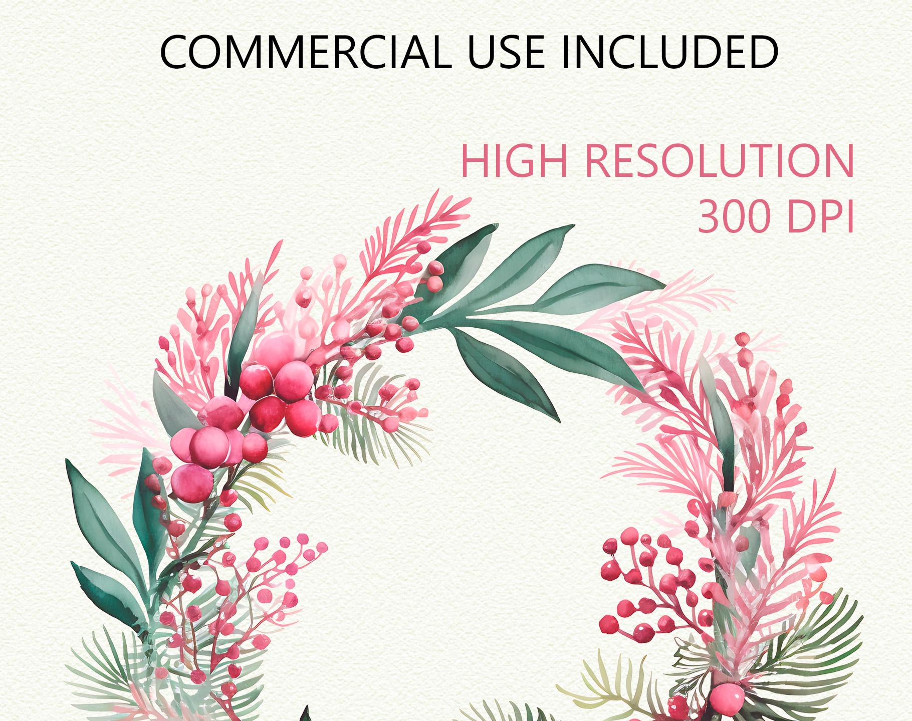 Pink Christmas Wreath Clipart: Festive Circle Frame PNG Digital ...