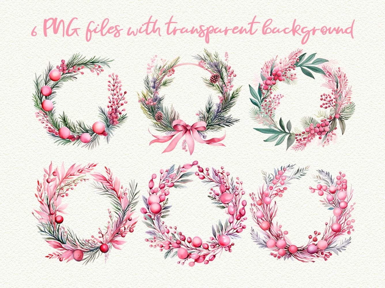 Pink Christmas Wreath Clipart: Festive Circle Frame PNG Digital ...